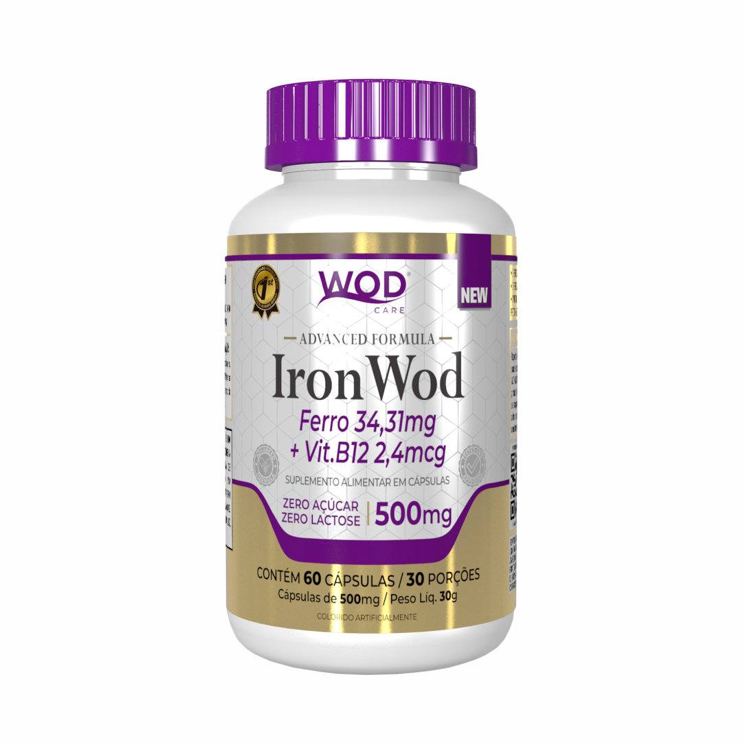 Iron Wod Ferro 34,31mg + Vit.B12 2,4mcg (60 Cápsulas de 500mg) - Wod ...